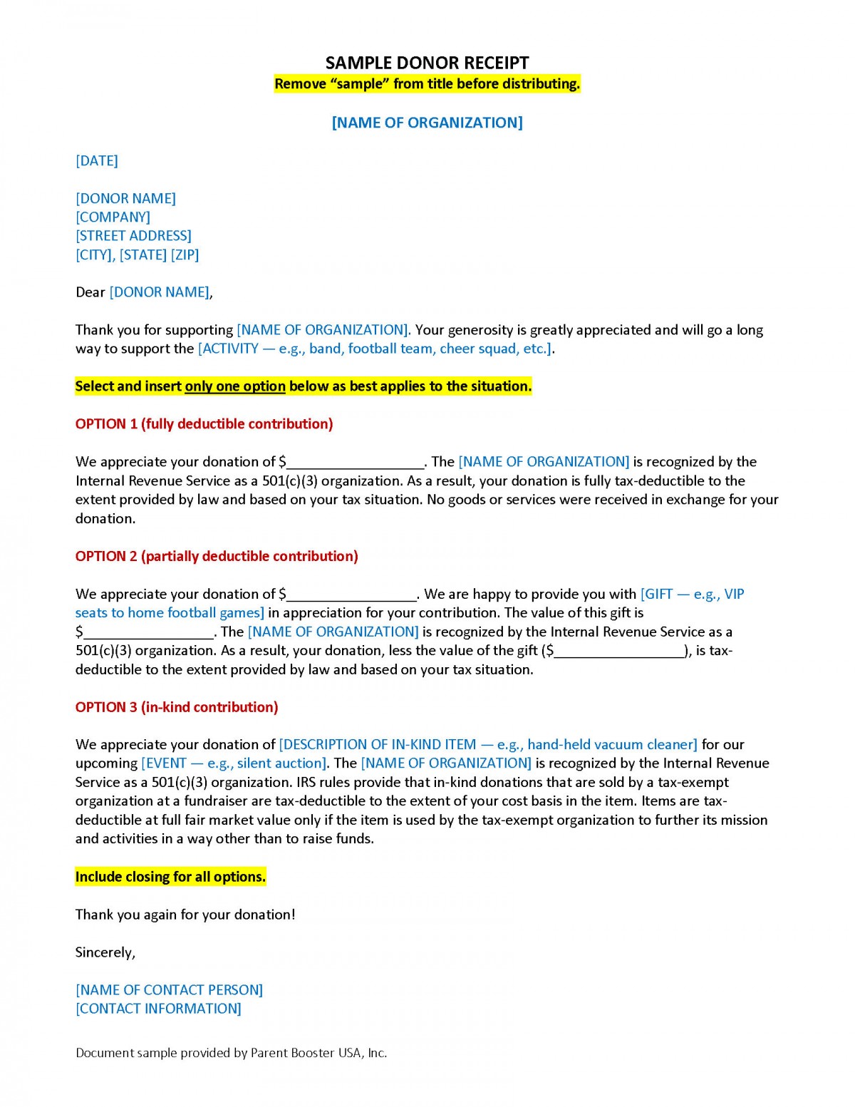 Sample Donor Receipt Parent Booster USA